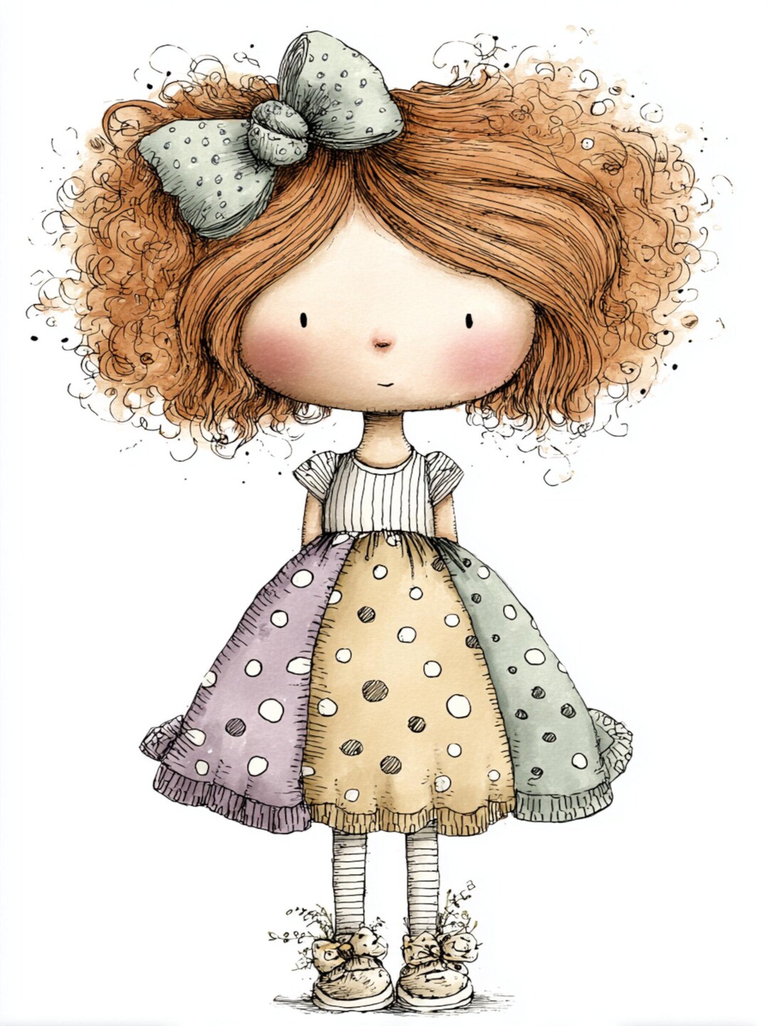 Polka Dot Girl, Whimsical Girl, Curly Hair Art, Patchwork Dress, Pastel ...