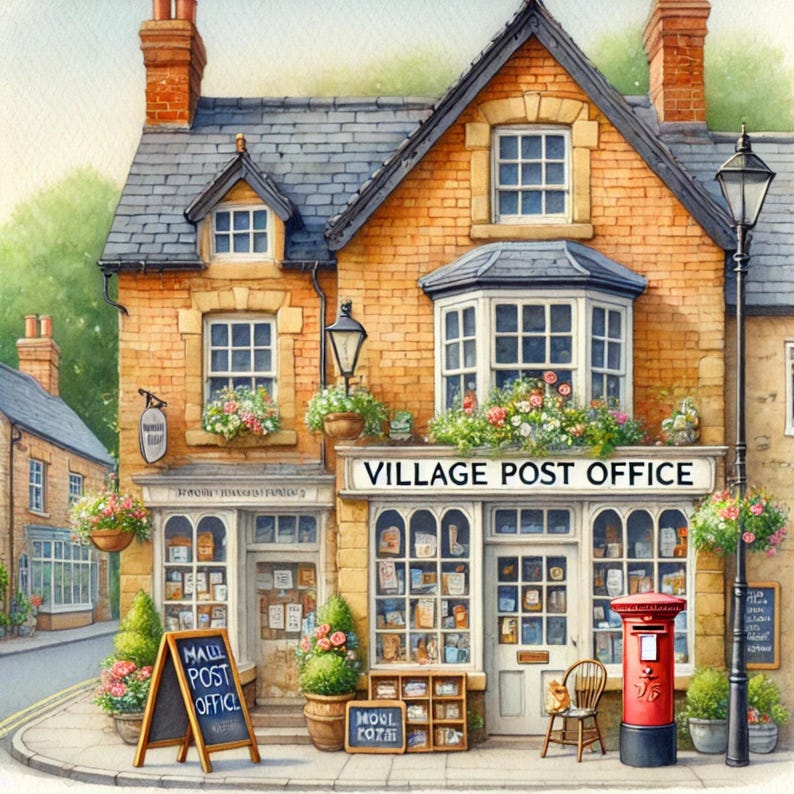 The Village Post Office, Watercolor Illustration, Charming Town Scene ...