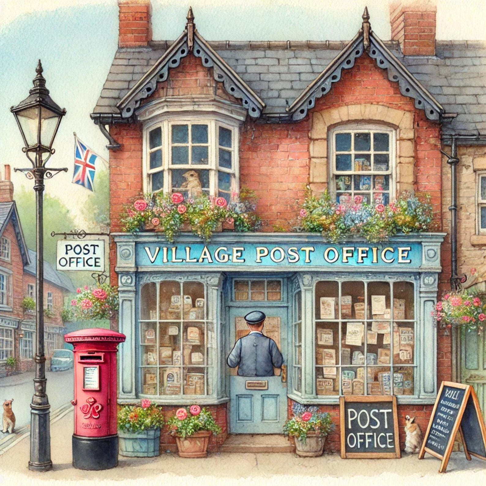 The Village Post Office, Watercolor Illustration, Charming Town Scene ...