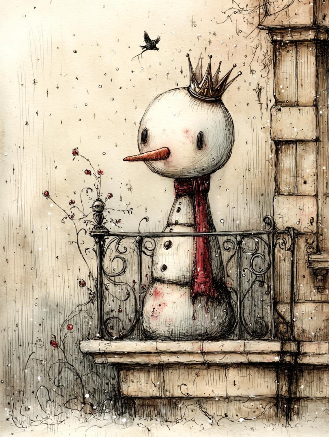 Snow King Balcony, Whimsical Gothic Snowman PNG Set, Winter Crowned ...