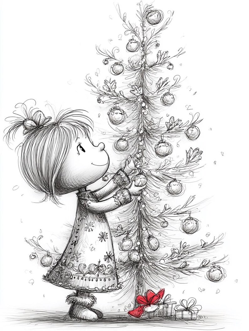 Christmas Tree Girls, Sketch Style, Holiday Clipart, Cute Girl With ...