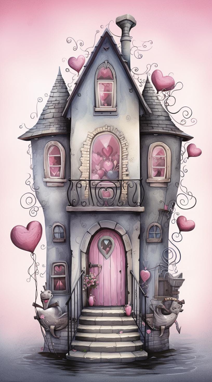 Love House Art, Heart Cottage, Valentine Home, Pink House Art, Cute ...
