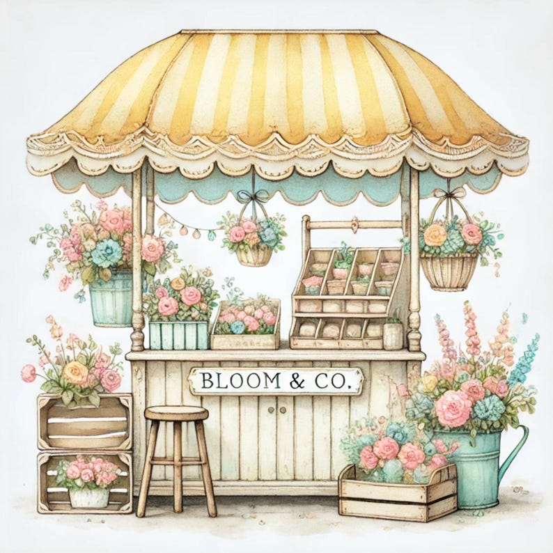 Flower Market Stall, Floral Clipart, Flower Stall, Pastel Flowers ...