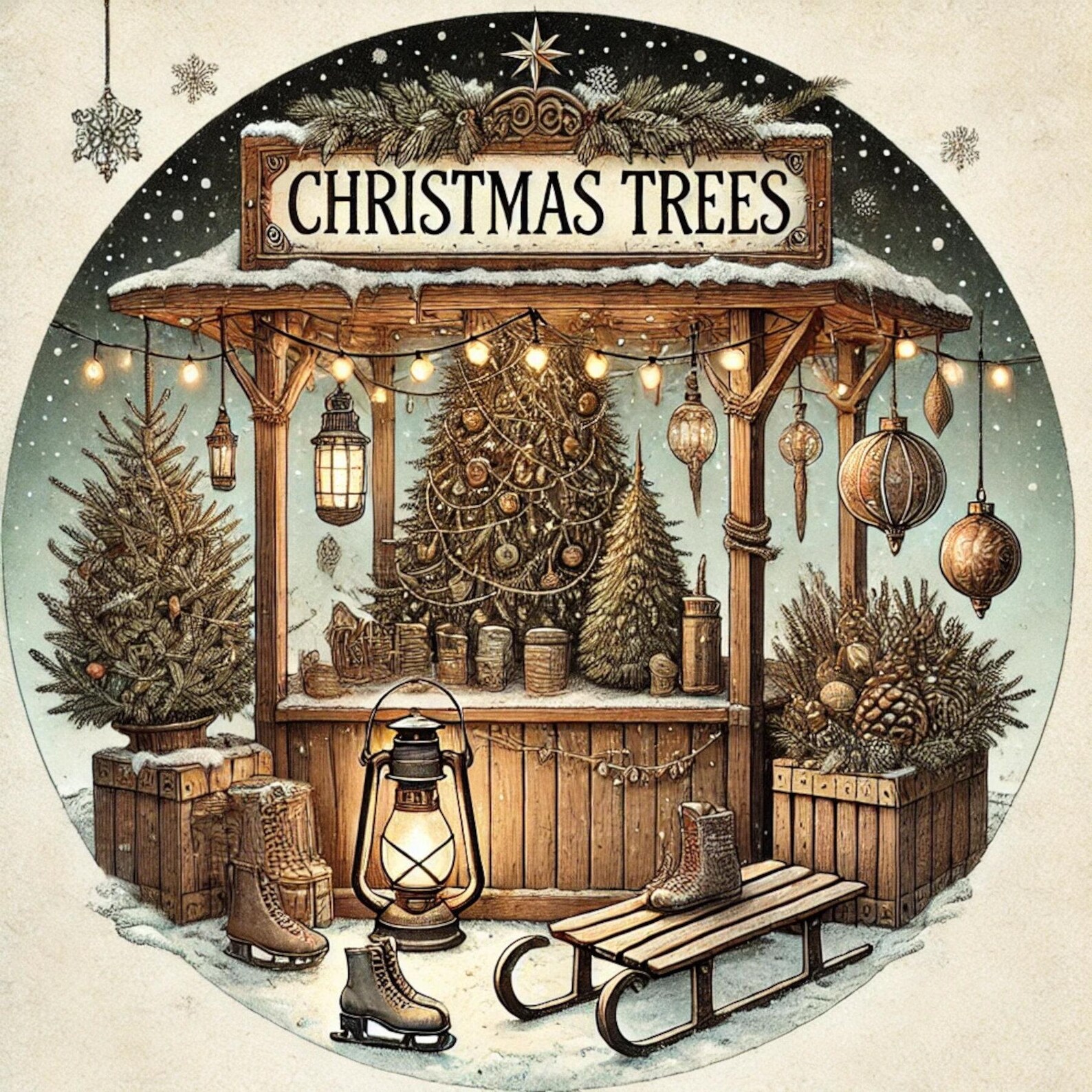 Christmas Market, Tree Stall Art, Festive Watercolor, Winter Ink Sketch ...