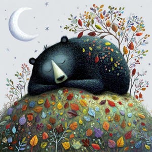 Sleepy Bear, Forest Bear, Autumn Bear, Cozy Animal Art, Nighttime Bear ...