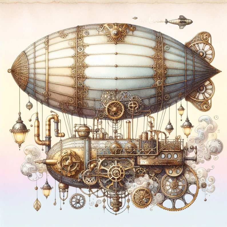 Steampunk Airship, Whimsical Design, Watercolor Art, Minimalist Style ...