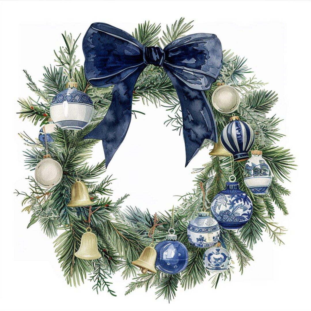 Blue Christmas, Festive Wreath, Holiday Decor, Chinoiserie, Navy Bow ...