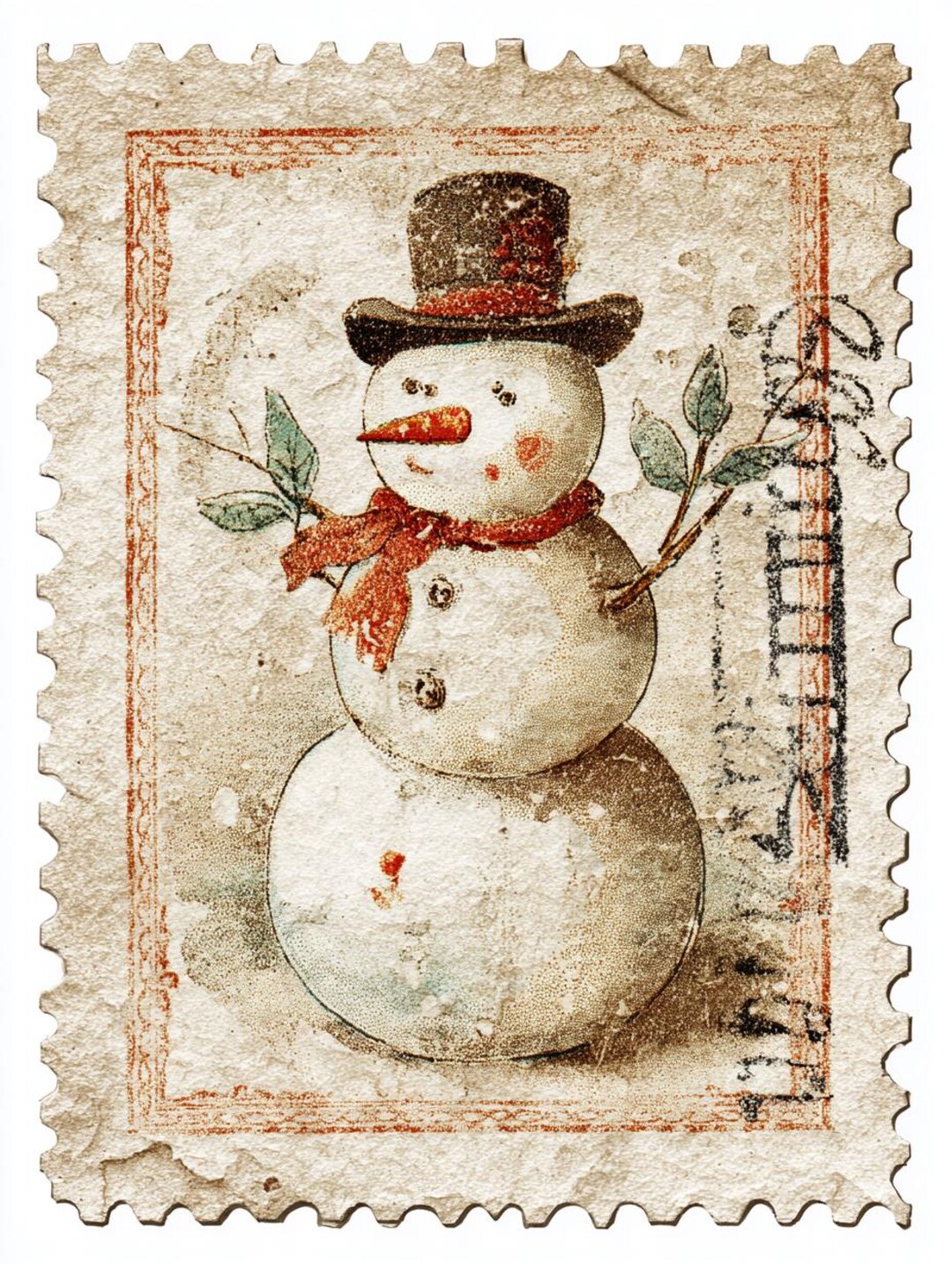 Vintage Snowman, Snowman Stamp, Winter Postage, Christmas Art, Festive ...