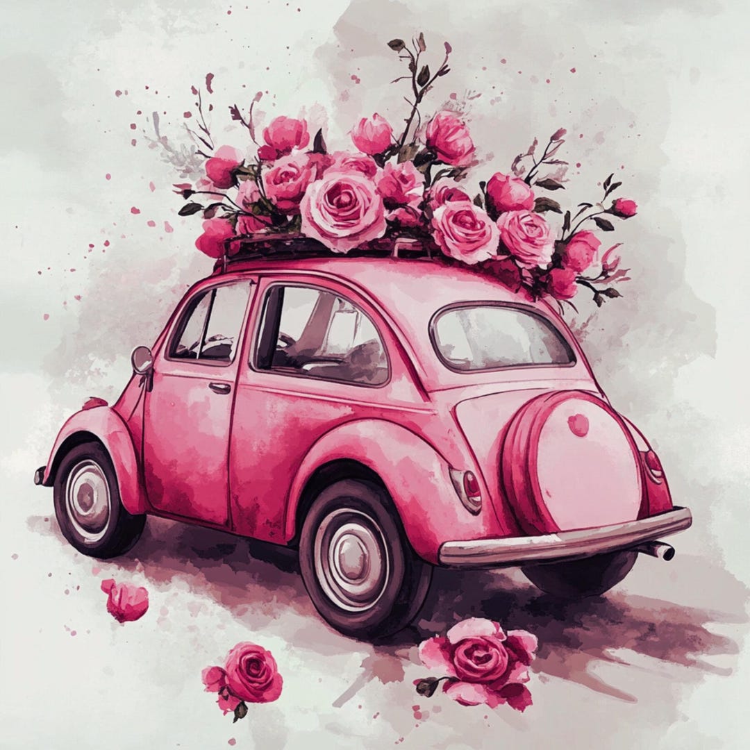 Bloommobiles, Pink Car Clipart, Flower Car Art, Retro Floral Car, Girly ...
