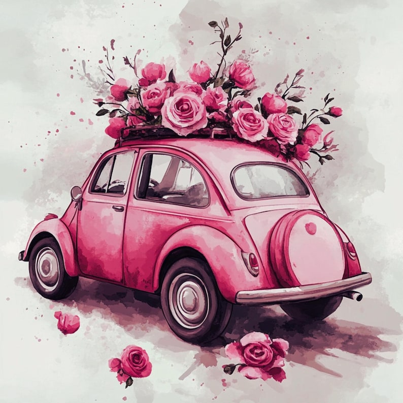 Bloommobiles, Pink Car Clipart, Flower Car Art, Retro Floral Car, Girly ...