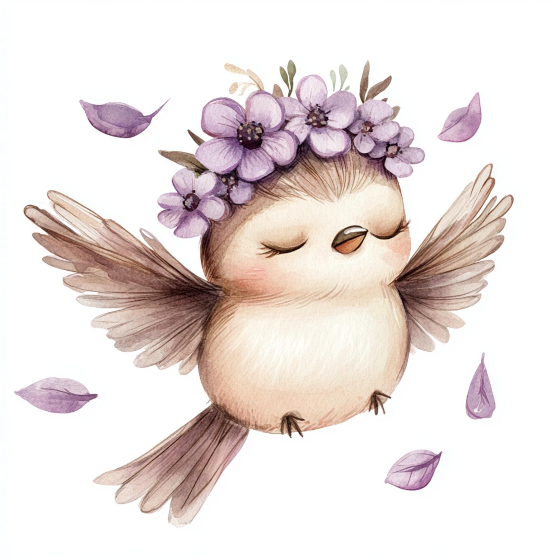 Cute Bird Art, Baby Bird, Woodland Bird, Floral Crown Bird, Nursery ...