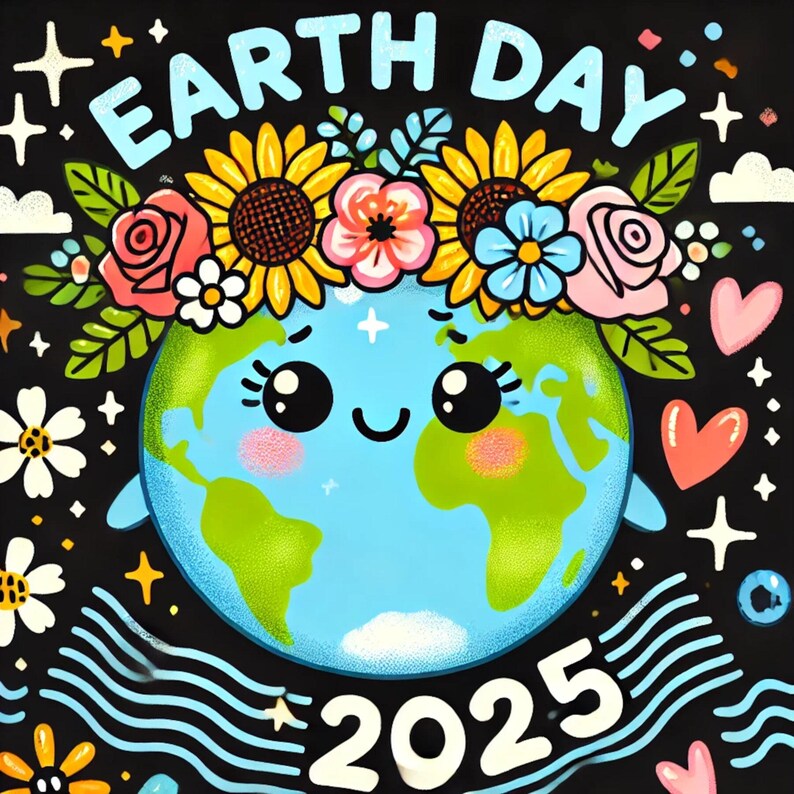 Earth Day 2025, Cute Planet Art, Happy Earth Clipart, Eco Kawaii Design ...