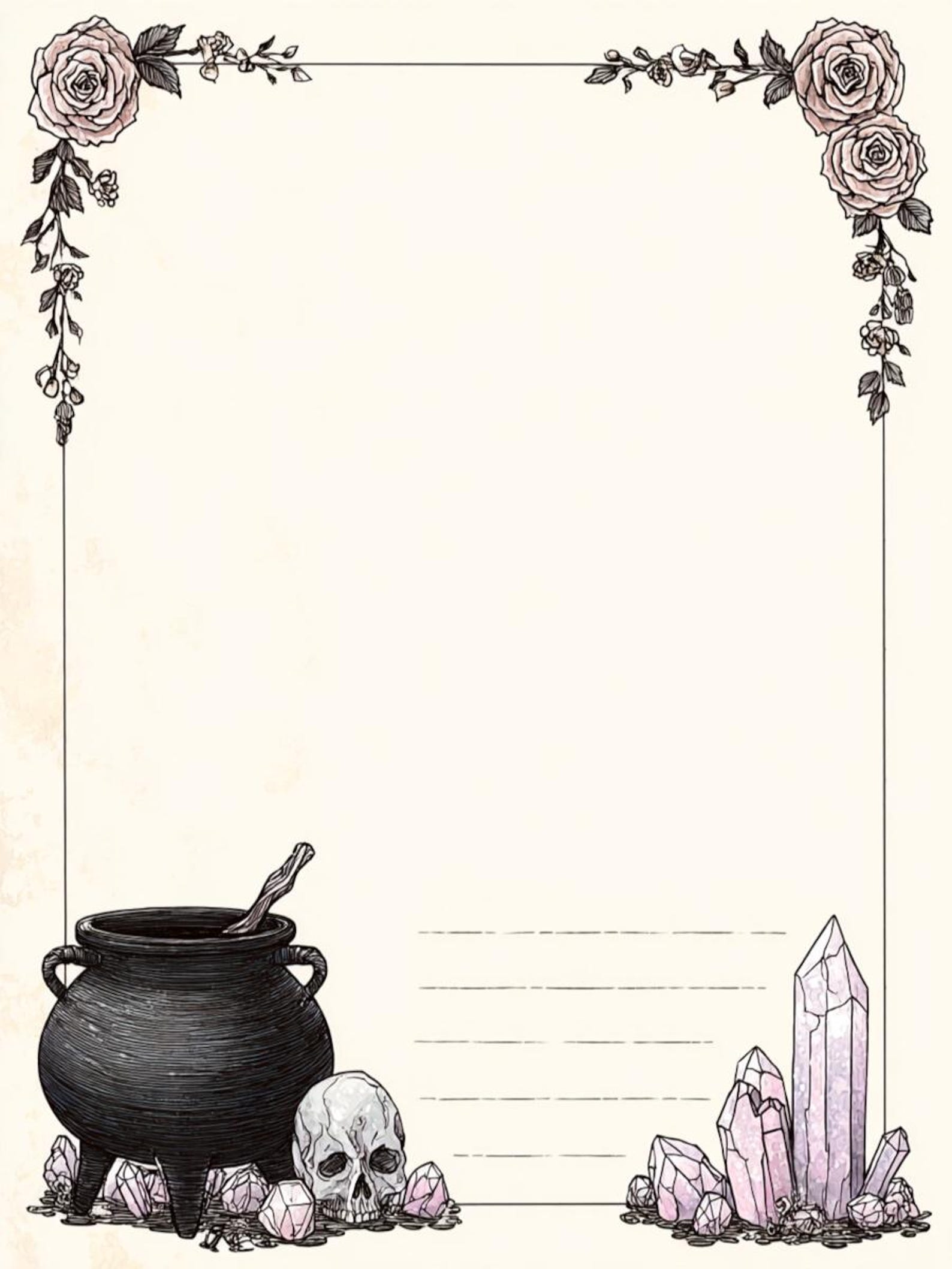 Witchy Paper, Spell Page, Crystal Border, Cauldron Art, Skull Paper ...