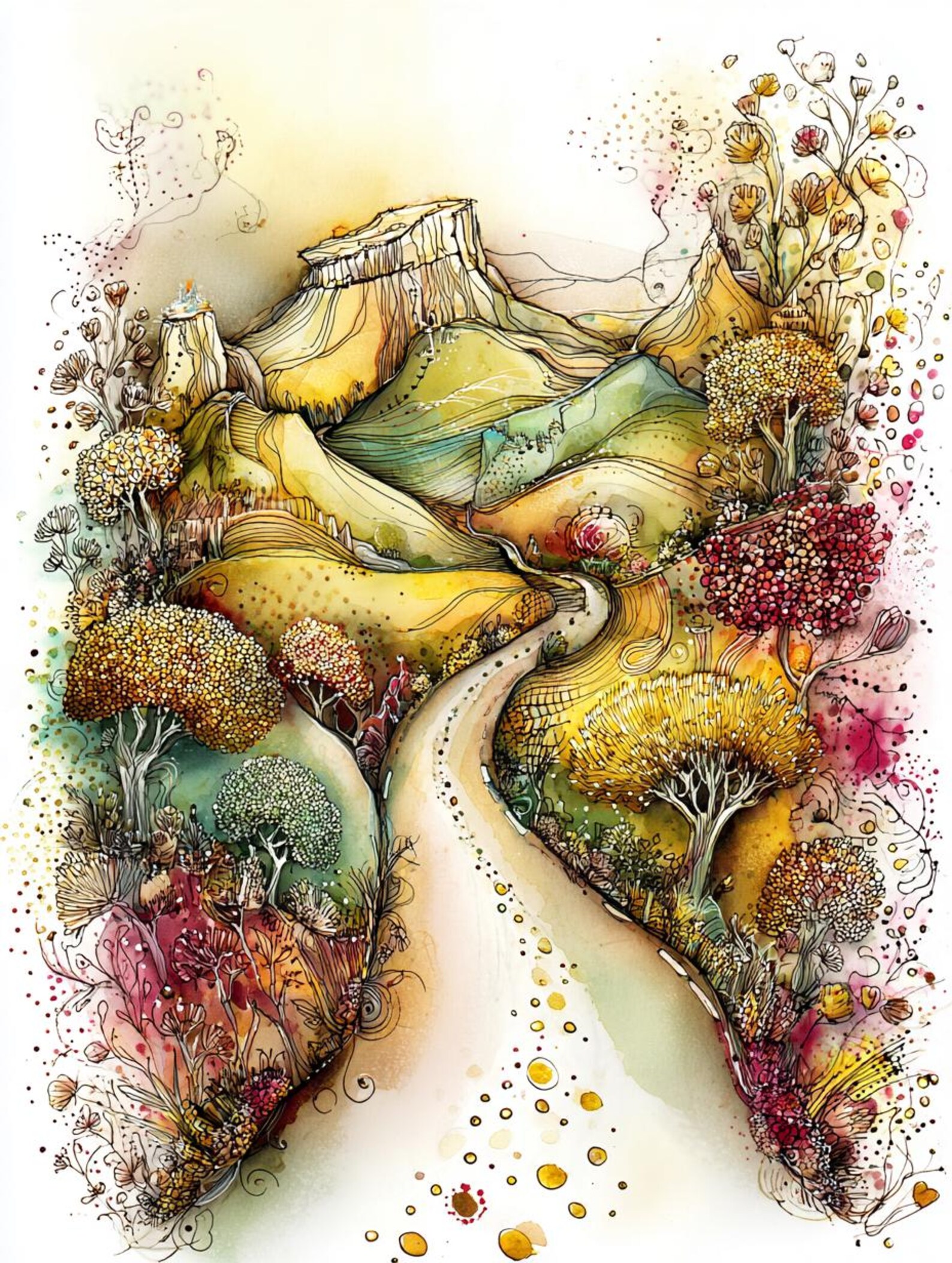 Dream Mountain Road Clipart, Whimsical Landscape Art, Curved Road ...
