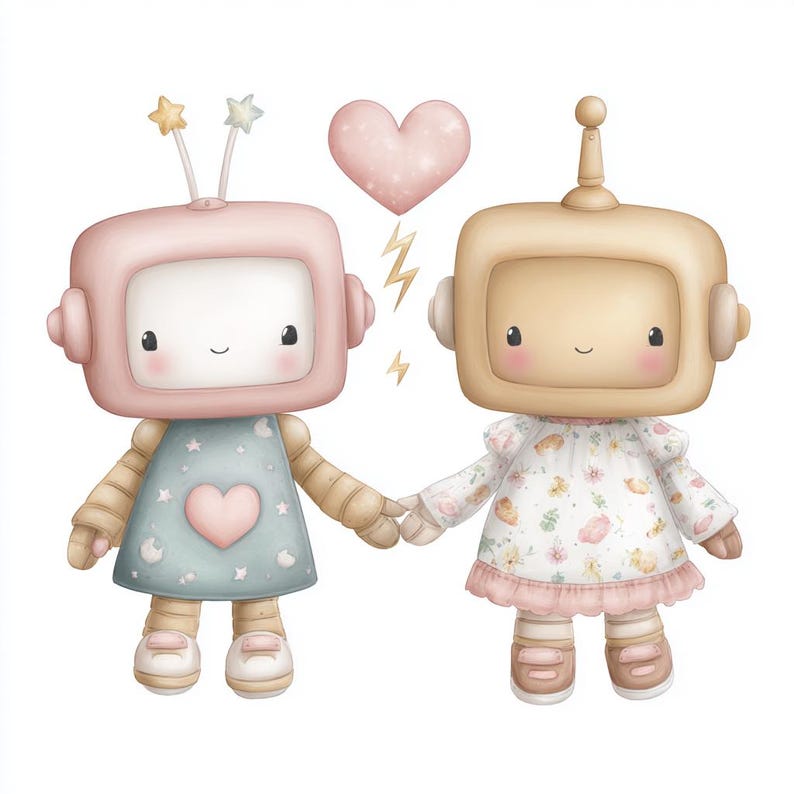 Robot Couple With Heart Sparks – Sweet Pastel Companions Holding Hands ...