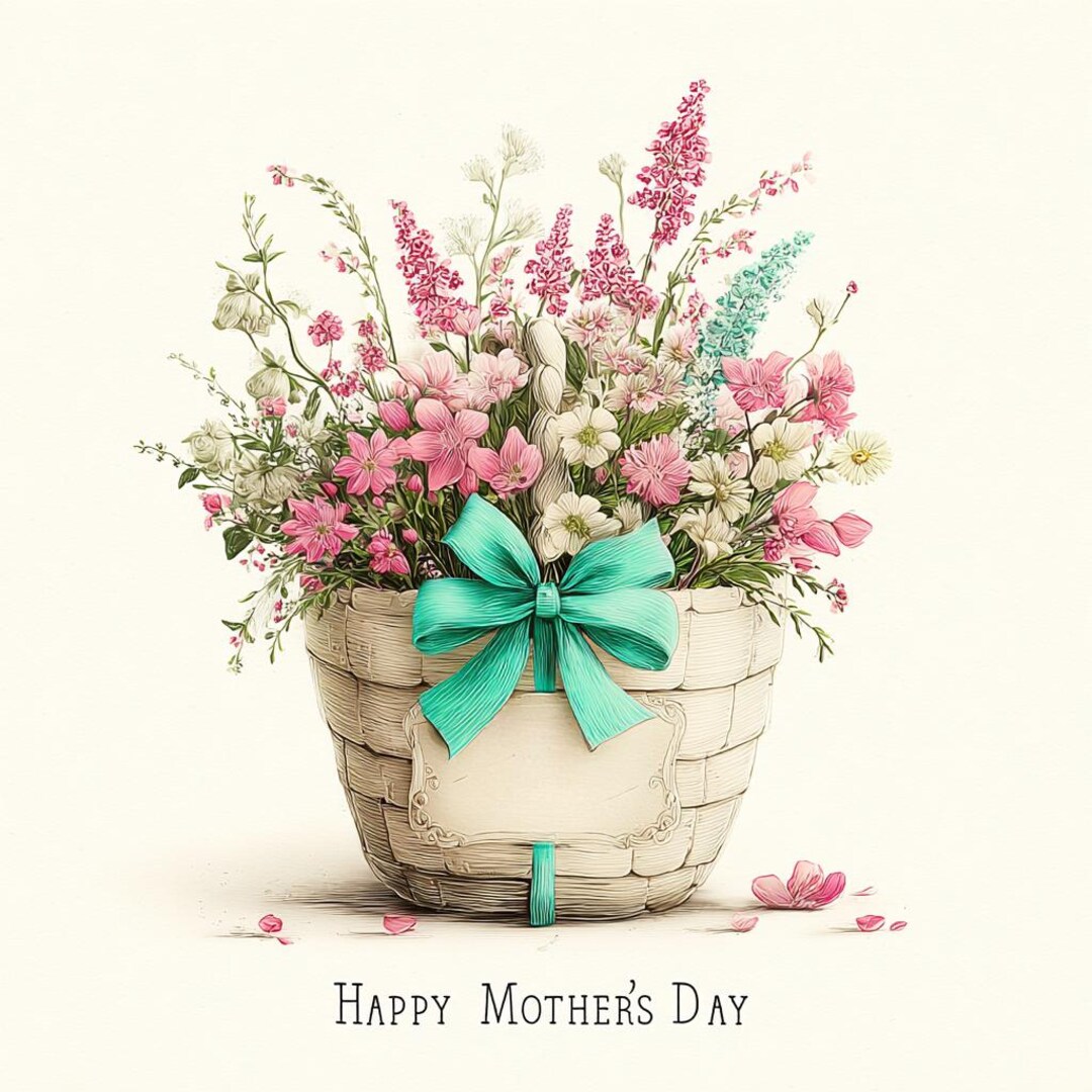 Mother’s Day Flowers CLIPART, Vintage Floral Basket Illustration ...