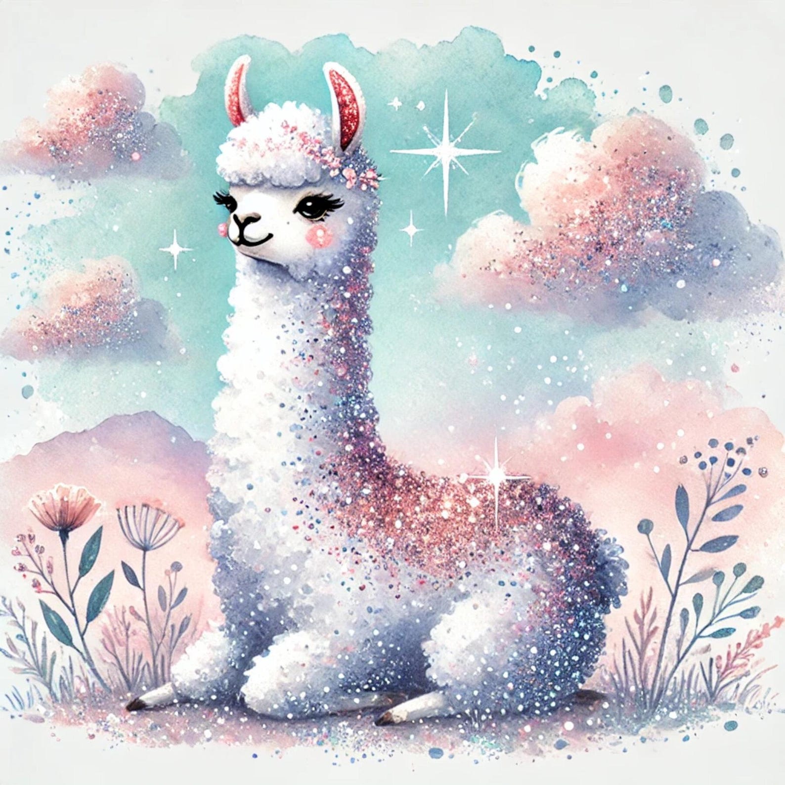 Glitter Llama, Whimsical Llama, Watercolor Llama, Cute Llama Art ...
