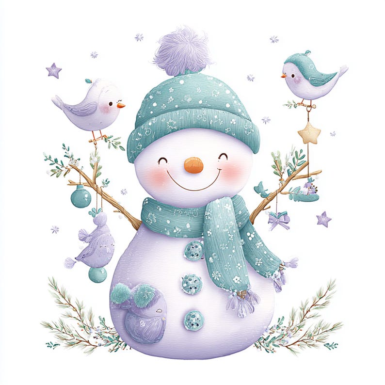 Snowman Clipart, Cute Snowman, Winter Birds, Holiday Art, Snow Scene ...