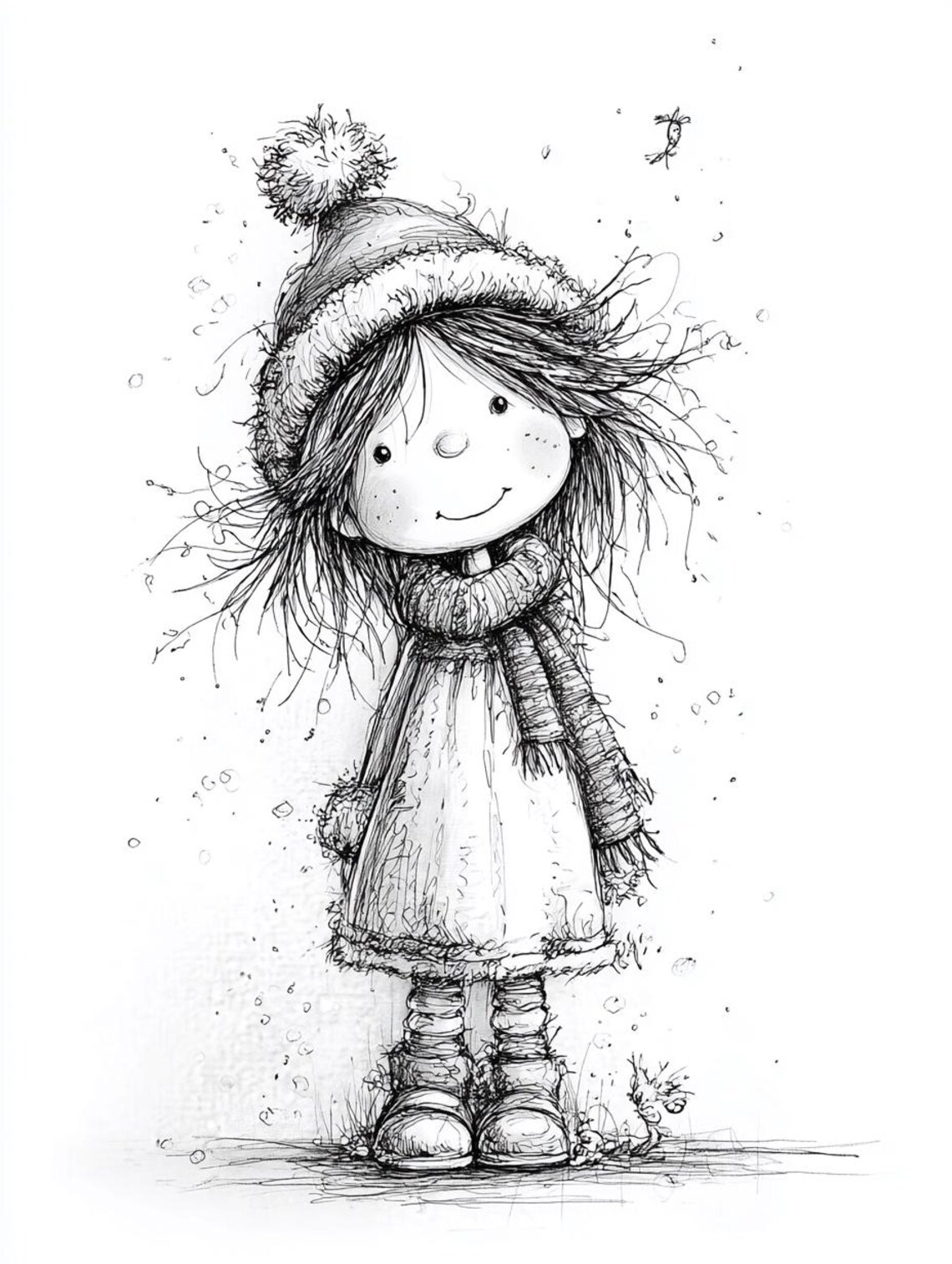 Christmas Girl, Winter Line Art, Holiday Sketch, Santa Hat Girl, Cute ...