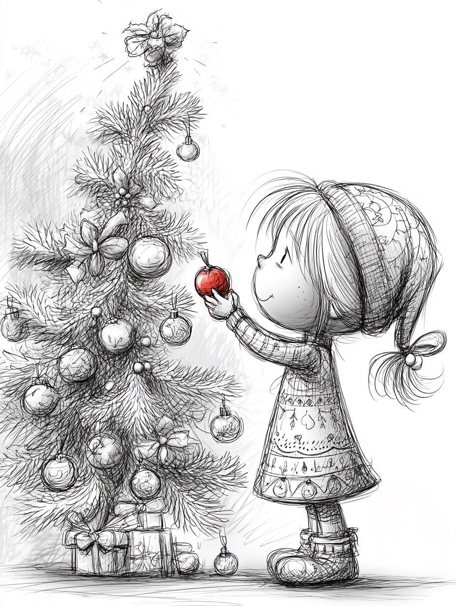 Christmas Tree Girls, Sketch Style, Holiday Clipart, Cute Girl With ...