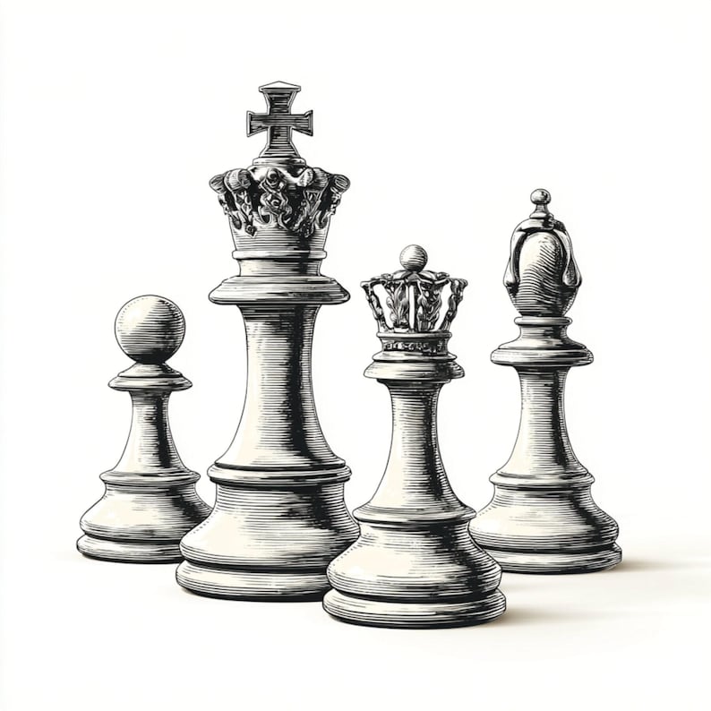 Chess Pieces, King Queen Pawn, Chess Art Print, Black White Chess, Game ...