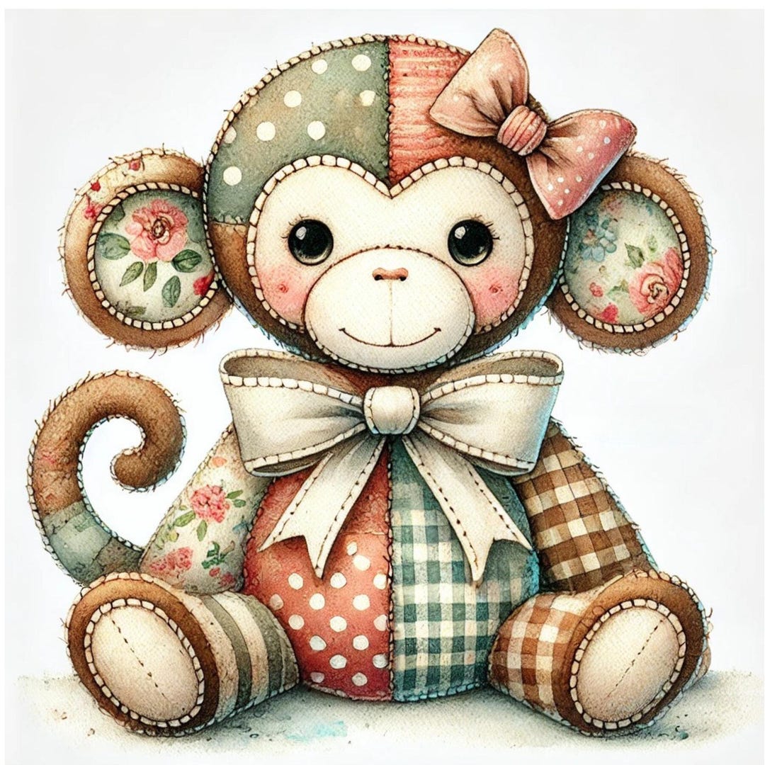 Watercolor Monkey, Plush Toy Illustration, Patchwork Monkey, Whimsical ...