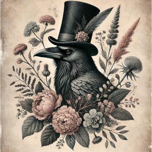 The Raven, Raven Art, Gothic Raven, Vintage Bird Art, Floral Raven, Top ...