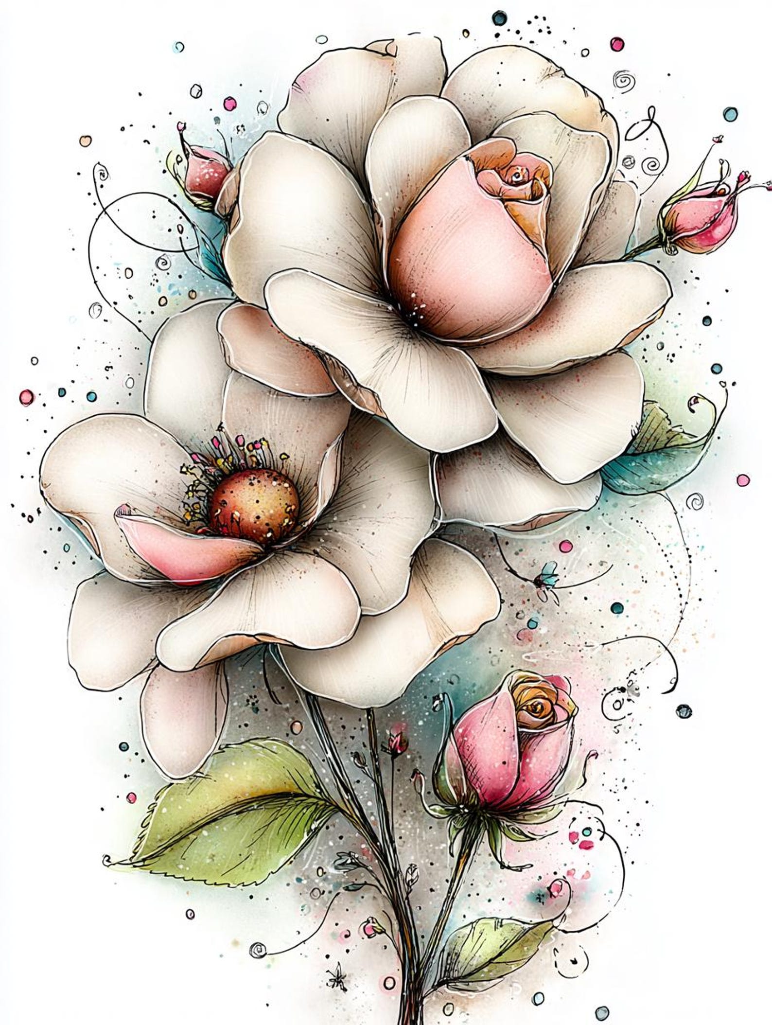 Whimsical Roses, Dreamy Floral PNG Set, Watercolor Ink Flowers ...