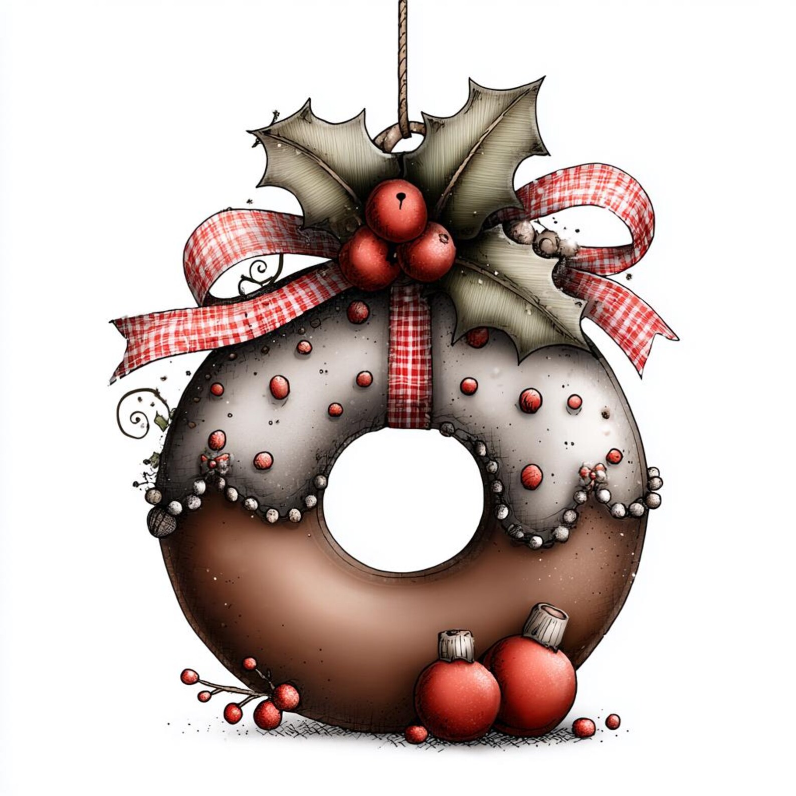 Christmas Donut Wreath Clipart, Cozy Holiday Dessert PNG, Hand-drawn ...