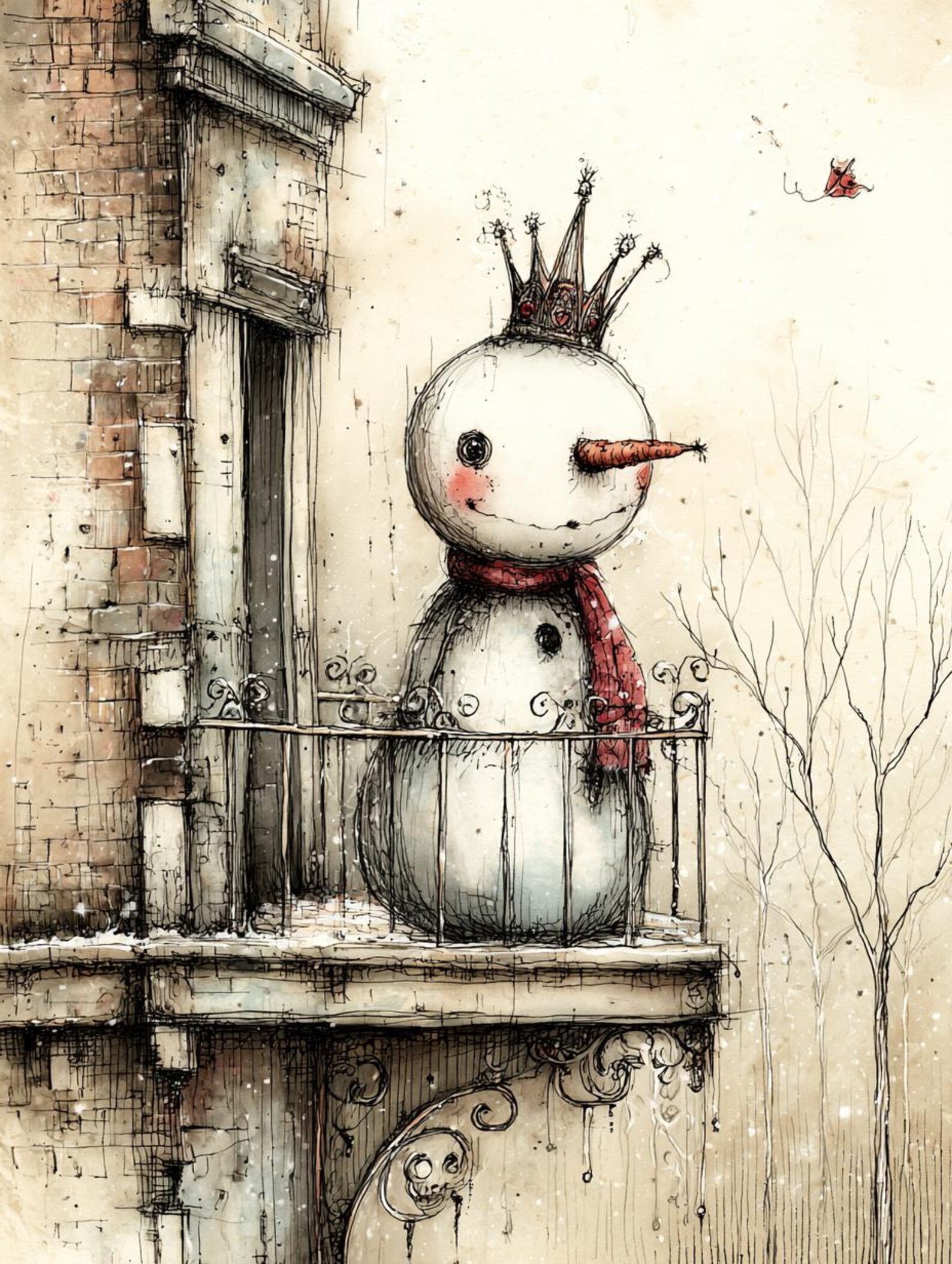 Snow King Balcony, Whimsical Gothic Snowman PNG Set, Winter Crowned ...