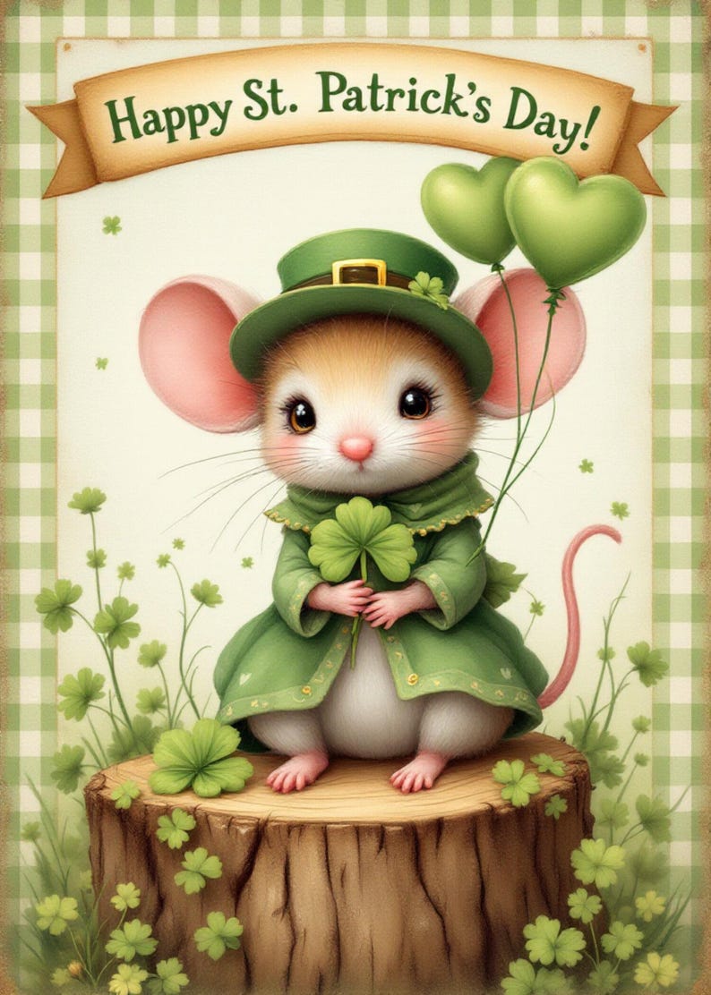 St Patricks Day Mouse, Cute Mouse Clipart, Lucky Clover, Whimsical ...