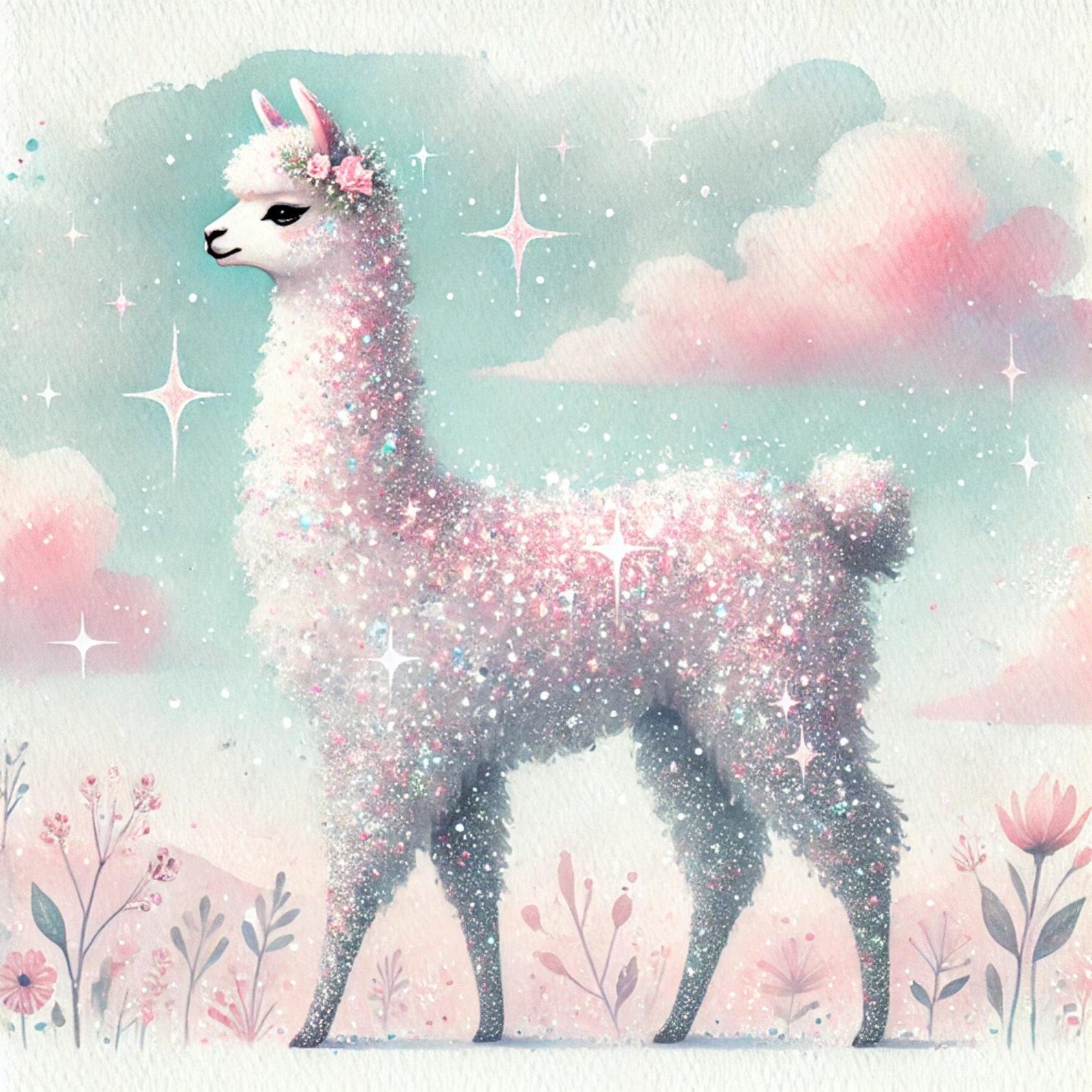 Glitter Llama, Whimsical Llama, Watercolor Llama, Cute Llama Art ...