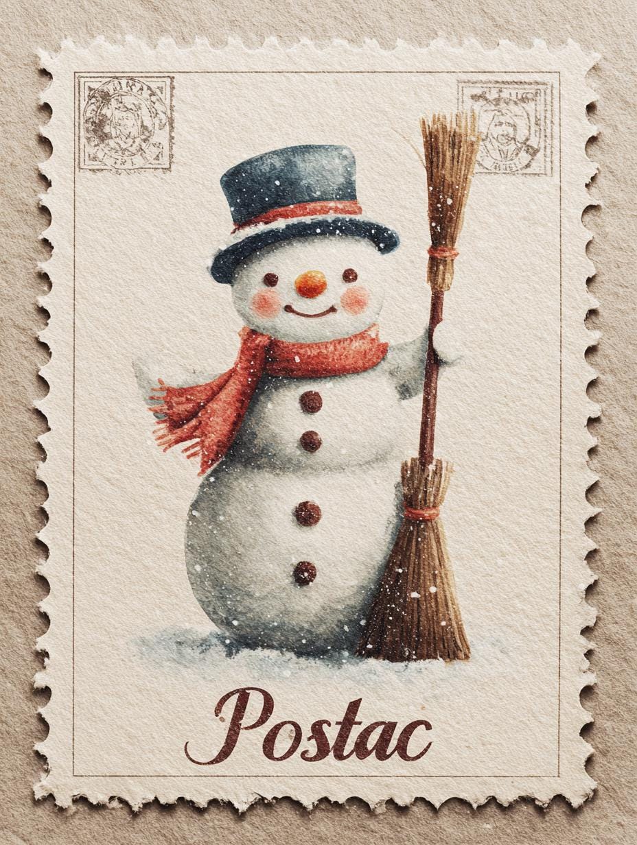 Vintage Snowman, Snowman Stamp, Winter Postage, Christmas Art, Festive ...