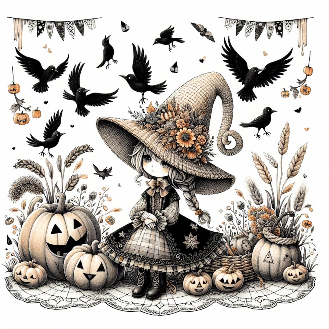 10 Cute Whimsical Witch Scarecrow Clipart, Witch Clipart, Halloween ...
