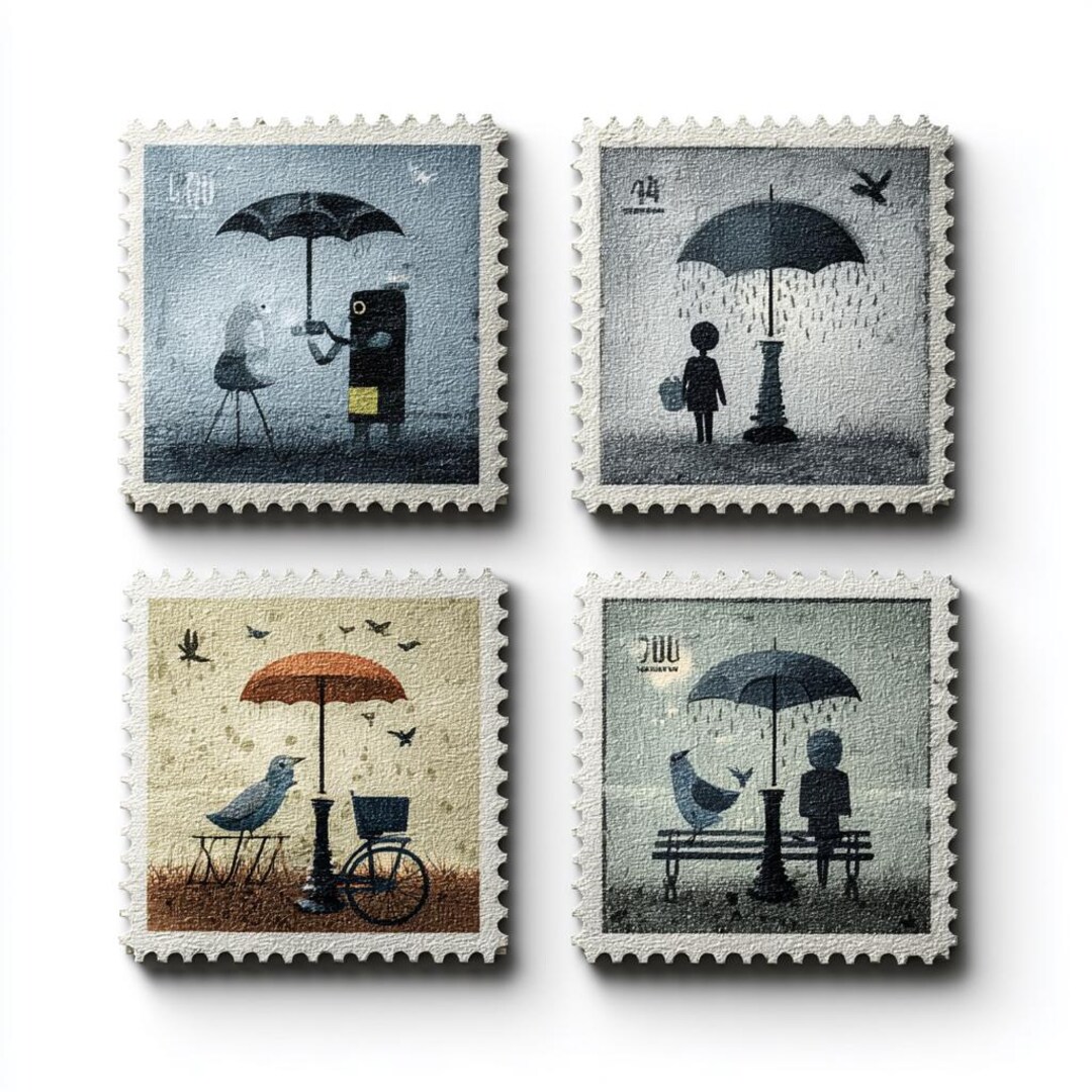 Rainy Day Postage CLIPART, Vintage Umbrella Figures, Moody Postal Stamp ...