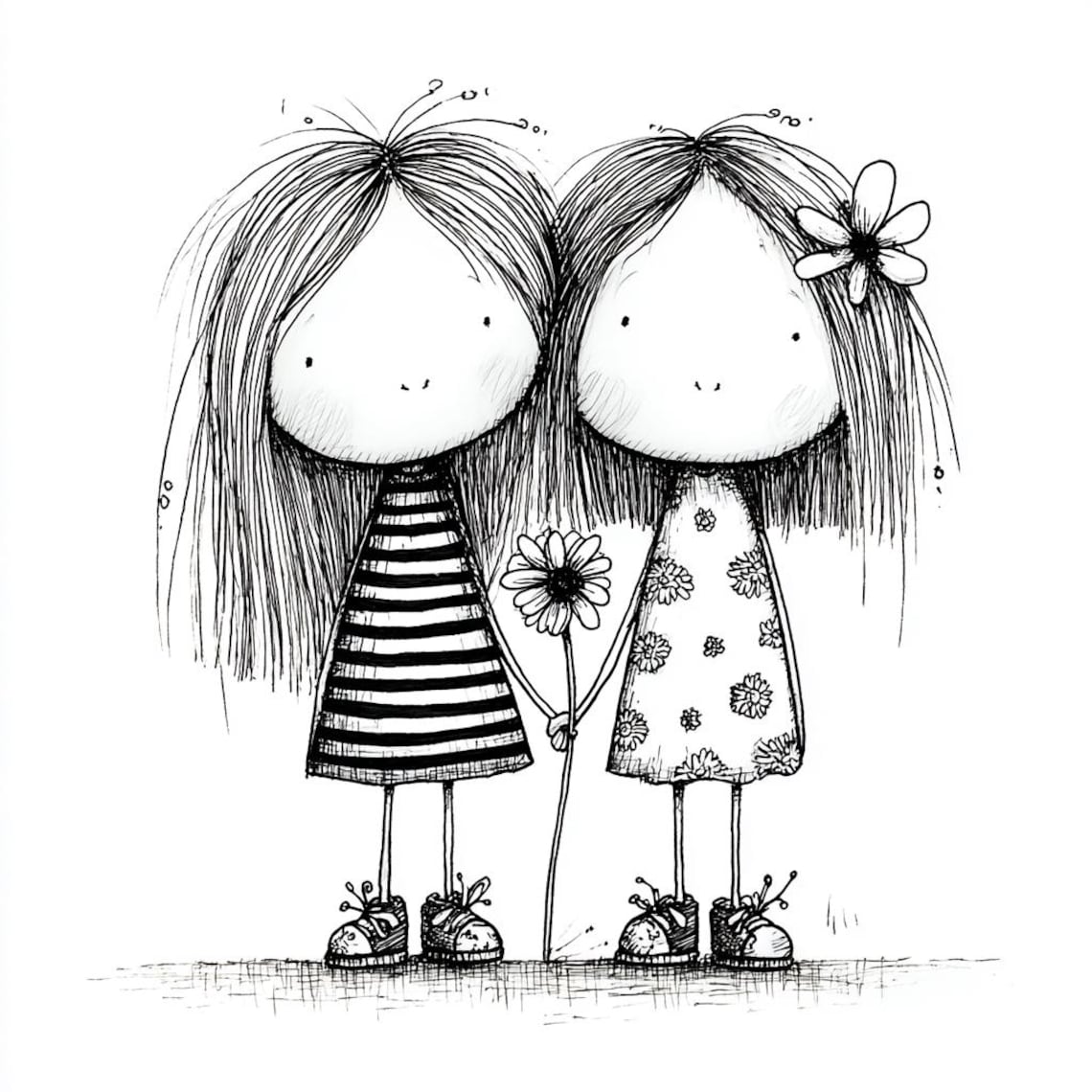 Best Friends PNG Set, Whimsical Hand-drawn Girls Clipart, Black and ...
