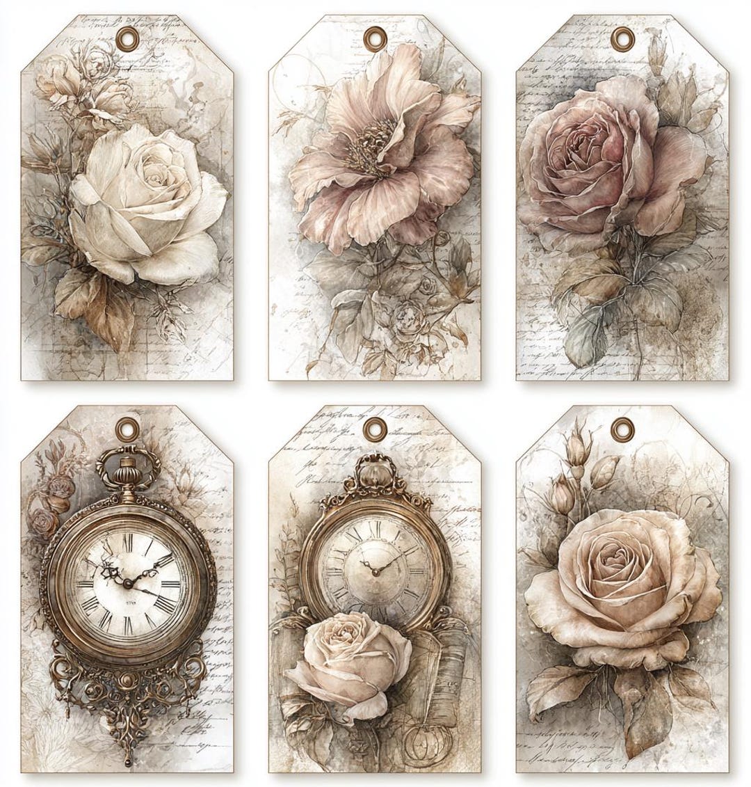 Vintage Floral Tags CLIPART, Antique Flower Ephemera, Botanical Gift ...