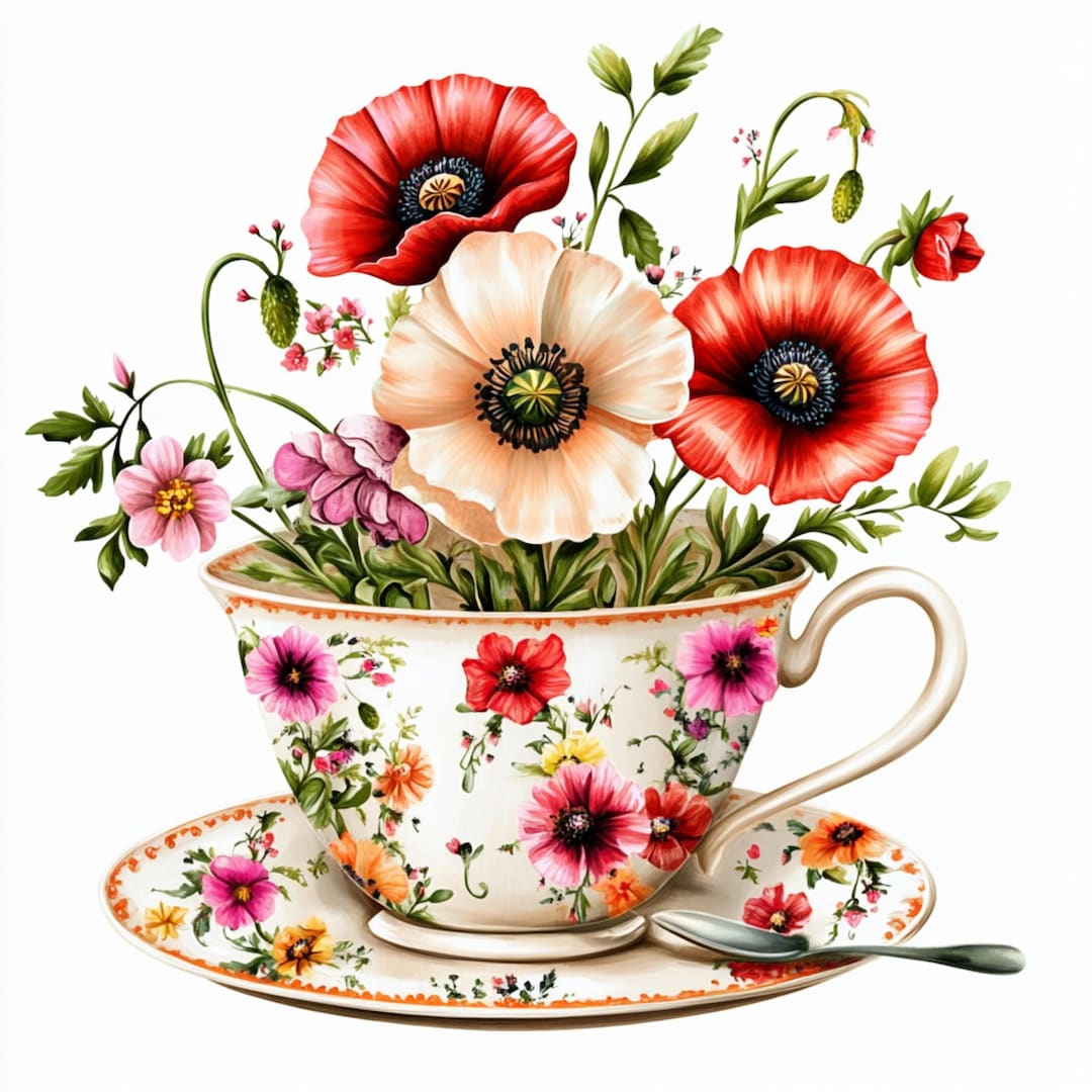 Poppy Teacup Art, Floral Cup Print, Vintage Flower Mug, Poppy Bouquet ...
