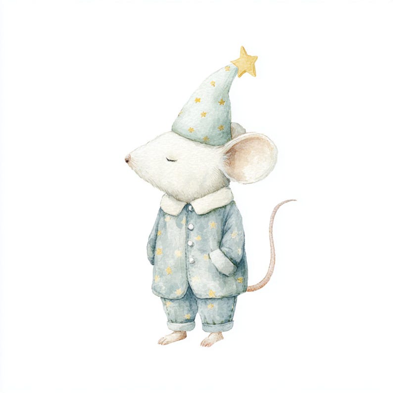 Bedtime Mouse, Pajama Mouse, Sleepy Mouse, Cute Mouse Art, Night Cap ...
