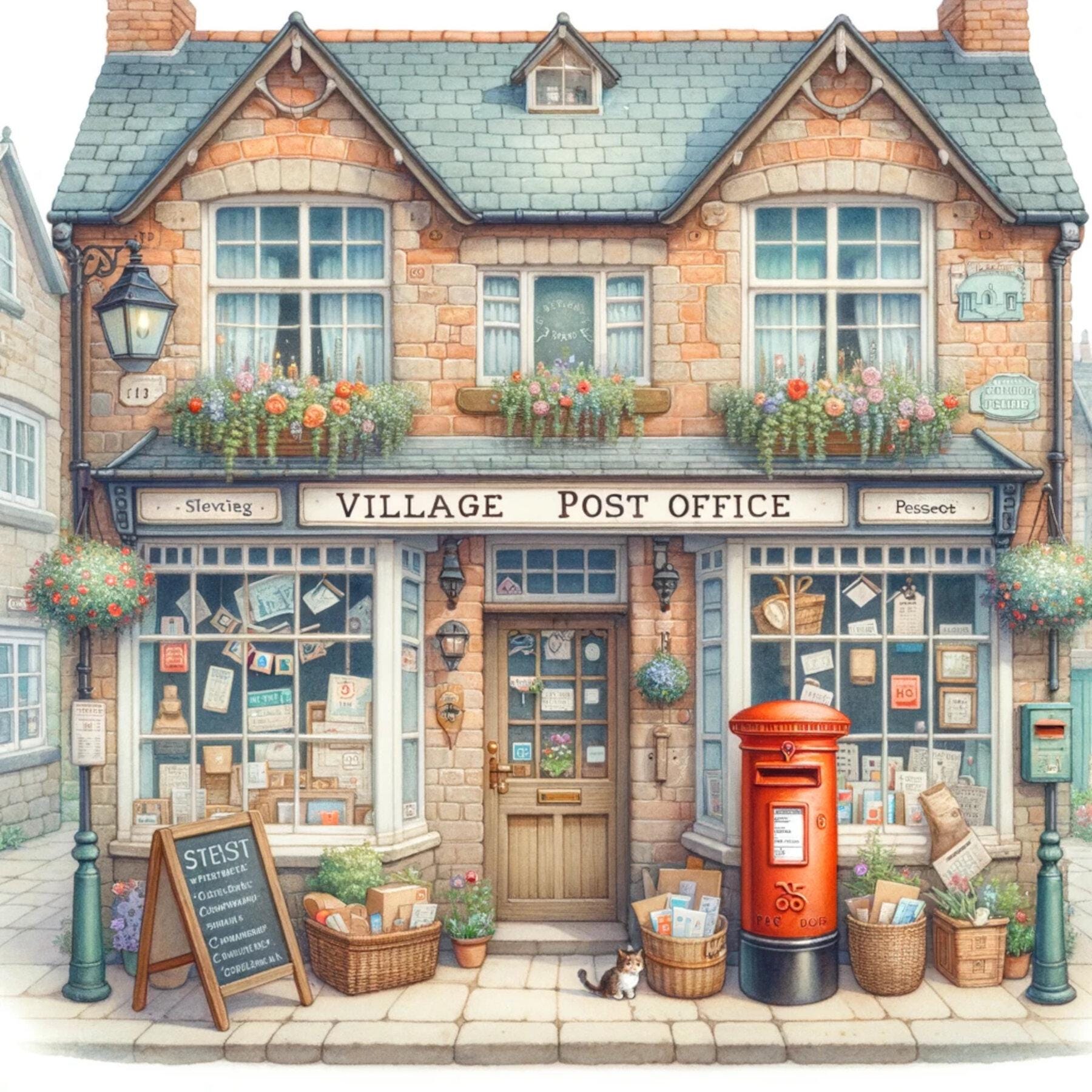 The Village Post Office, Watercolor Illustration, Charming Town Scene ...