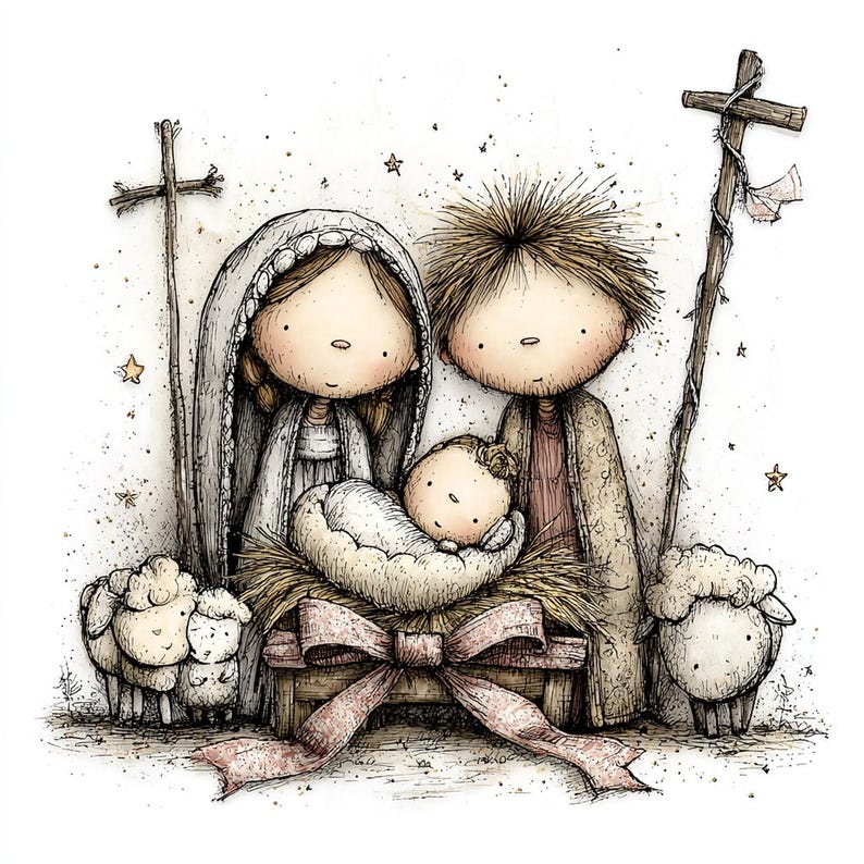 Whimsical Nativity Scene Art Print, Holy Family Christmas Illustration, Baby Jesus in Stable ...