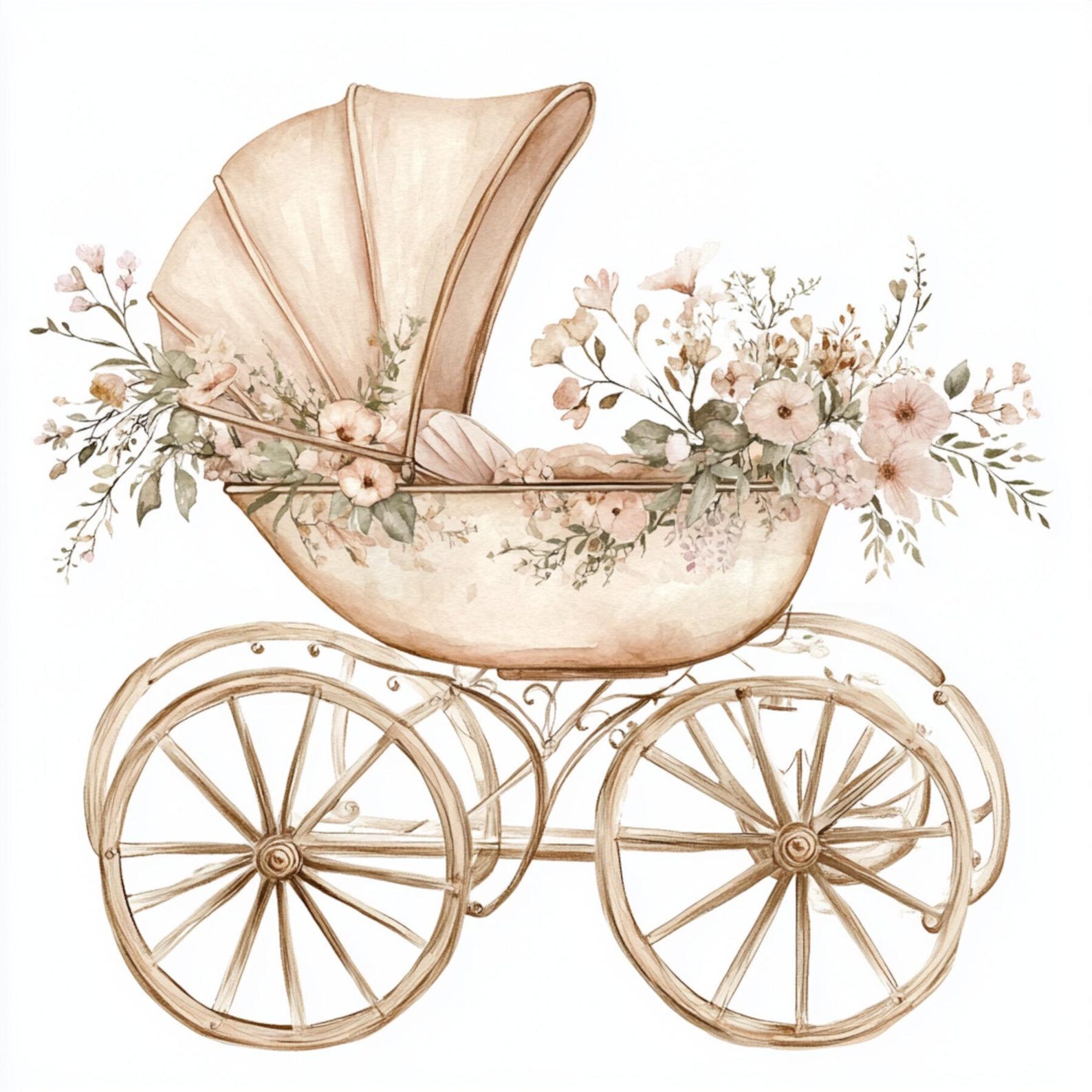 Floral Pram, Vintage Buggy, Baby Carriage, Girl Nursery Art, Antique ...
