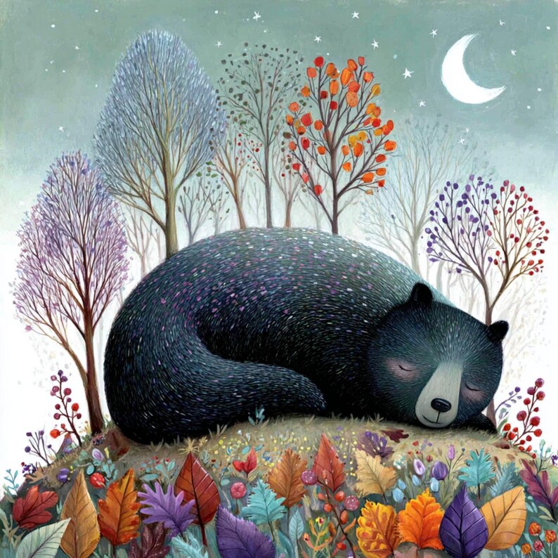 Sleepy Bear, Forest Bear, Autumn Bear, Cozy Animal Art, Nighttime Bear ...