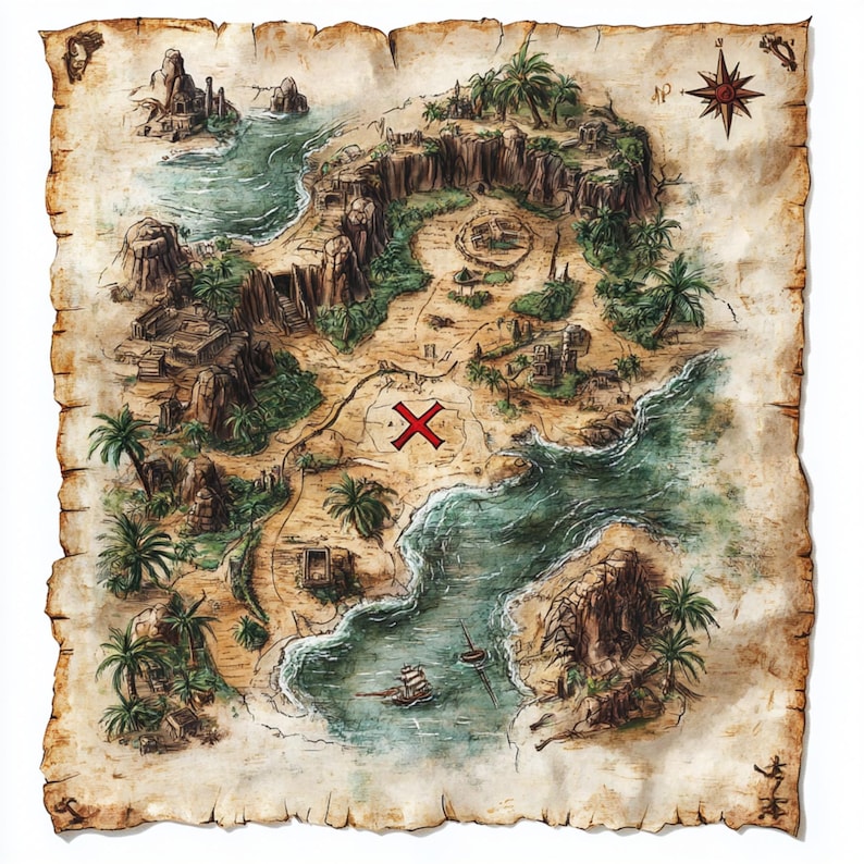 Treasure Map, Pirate Map, Old Map Art, X Marks Map, Vintage Map, Fantasy Map, Aged Parchment ...