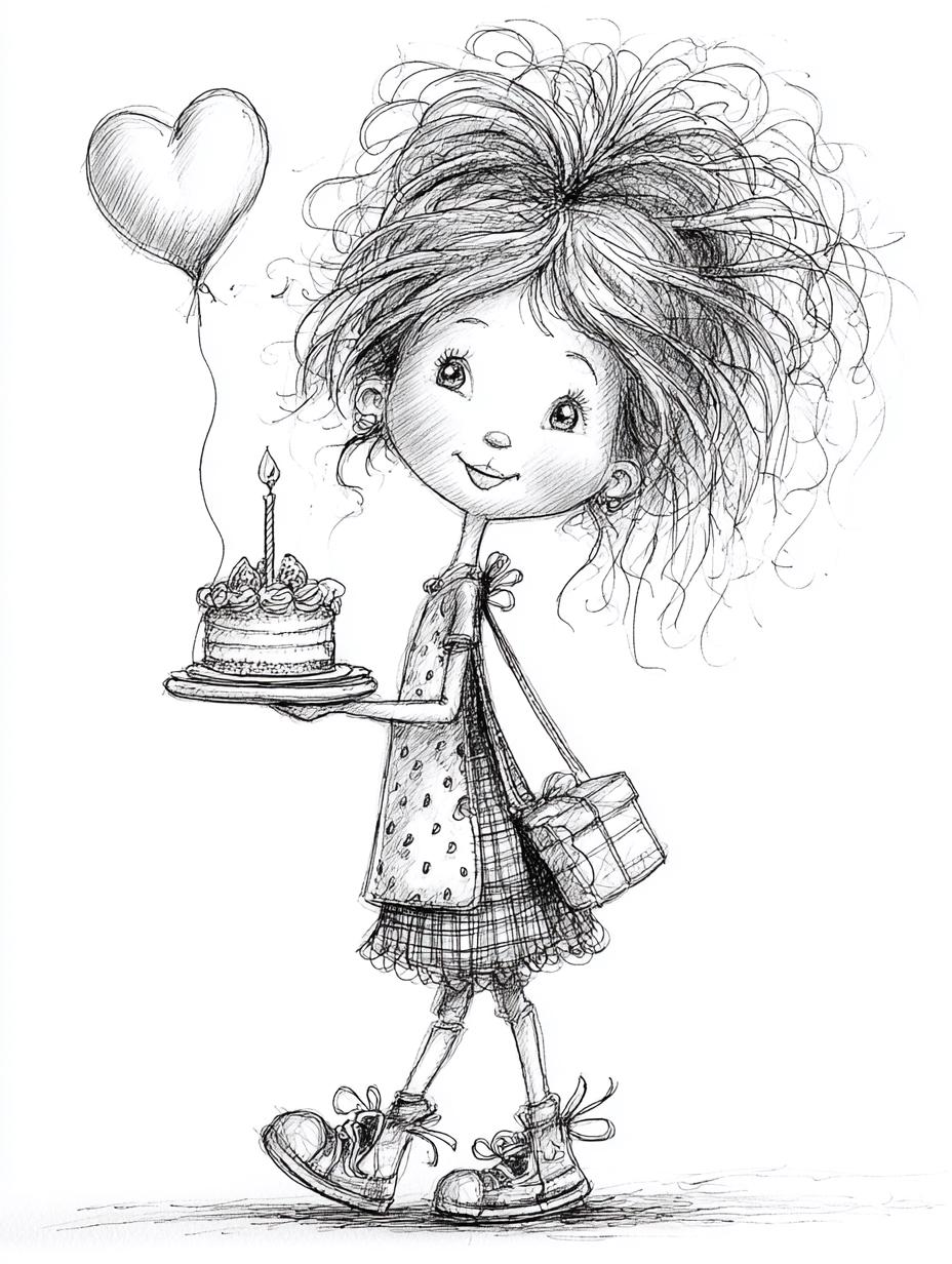 Birthday Girl Sketches, Doodle PNG Set, Whimsical Girl With Cake, Hand ...