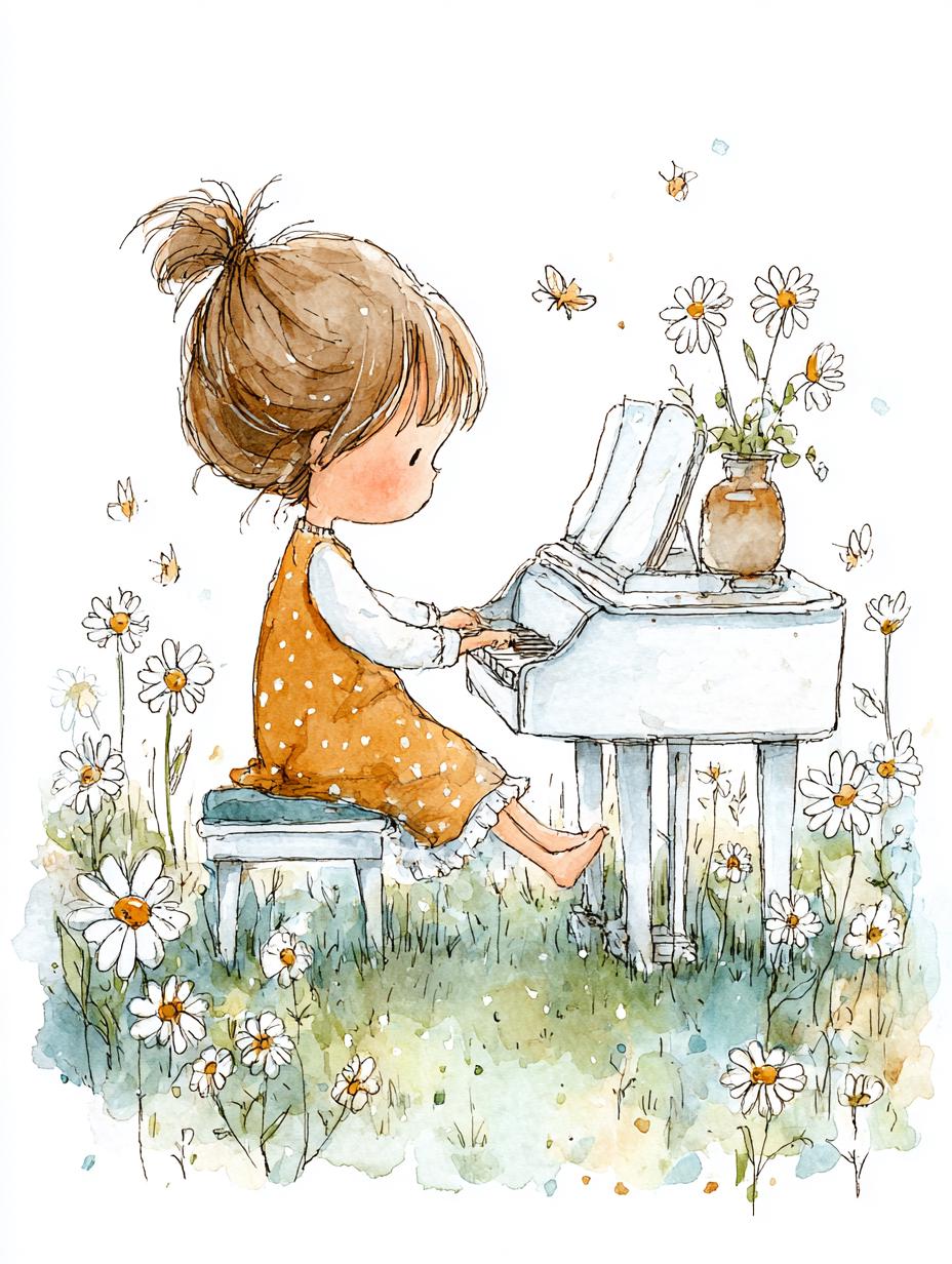 Tiny Piano, Child Art, Daisy Field, Garden Music, Cute Illustration ...