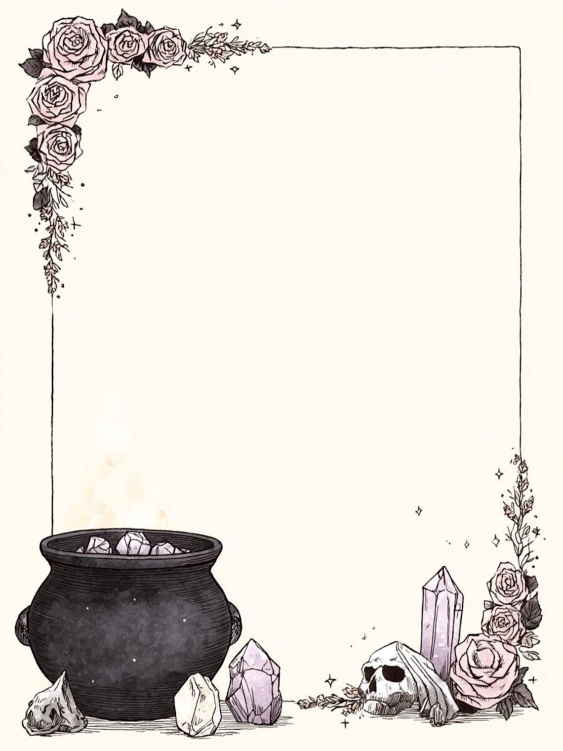 Witchy Paper, Spell Page, Crystal Border, Cauldron Art, Skull Paper ...