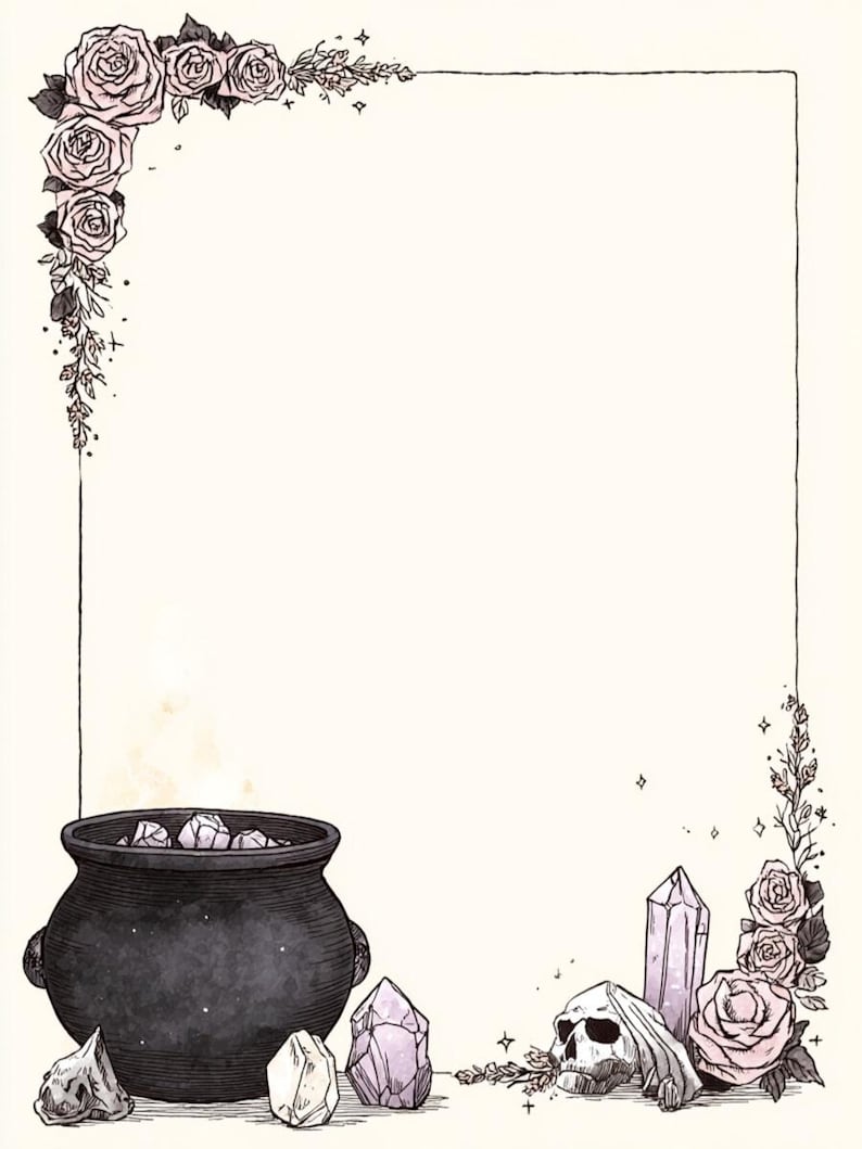 Witchy Paper, Spell Page, Crystal Border, Cauldron Art, Skull Paper ...