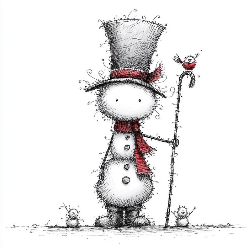 Whimsical Snowman Clipart Set, Hand-drawn Winter Gentleman PNG, Top Hat ...