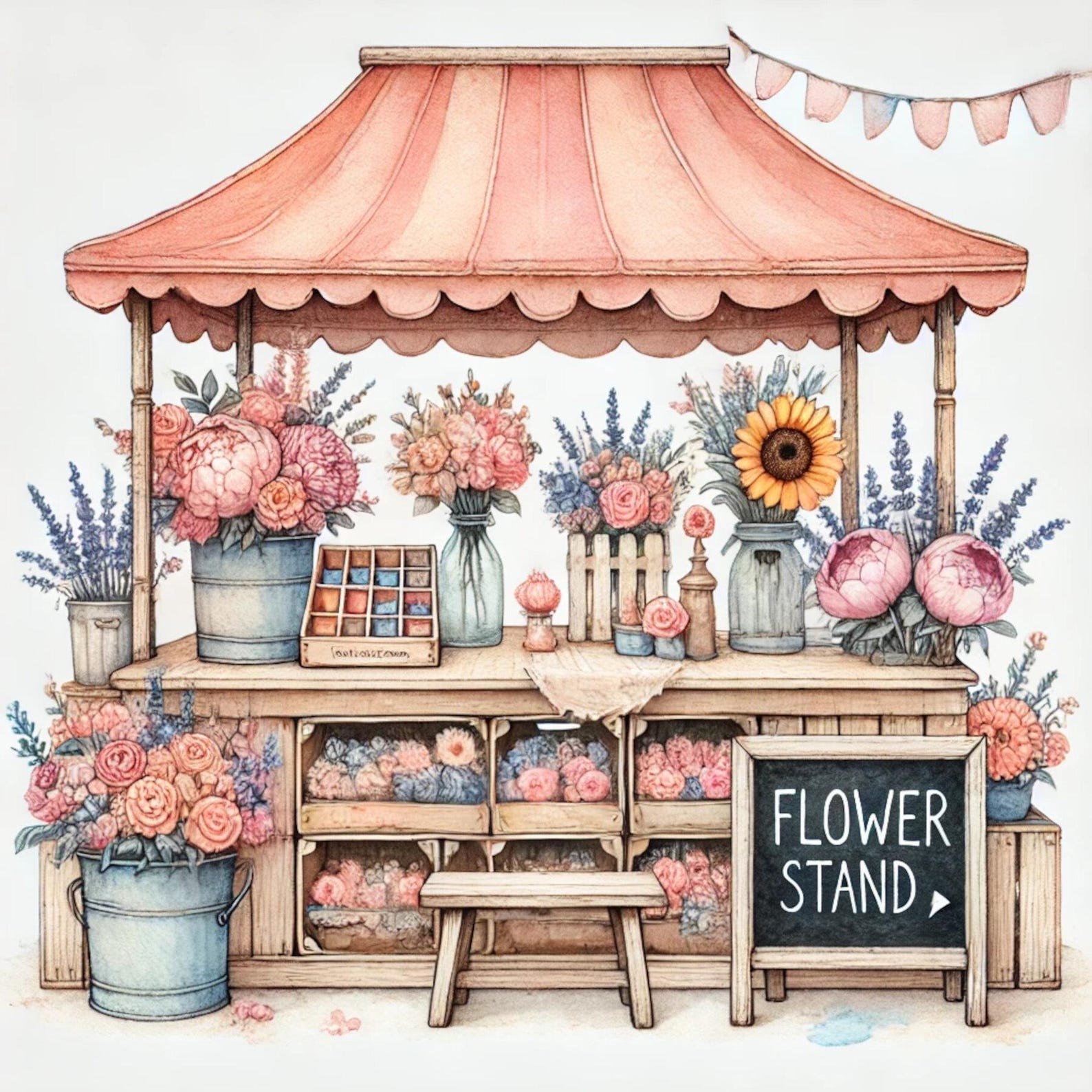 Flower Market Stall, Floral Clipart, Flower Stall, Pastel Flowers ...